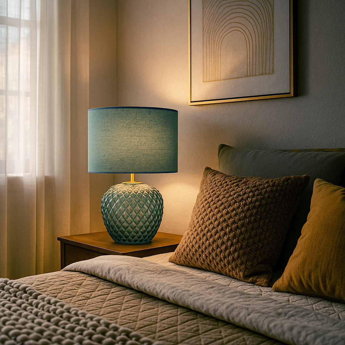 Urban Style Annie Table Lamp | Green Glass Base with fabric shade ...