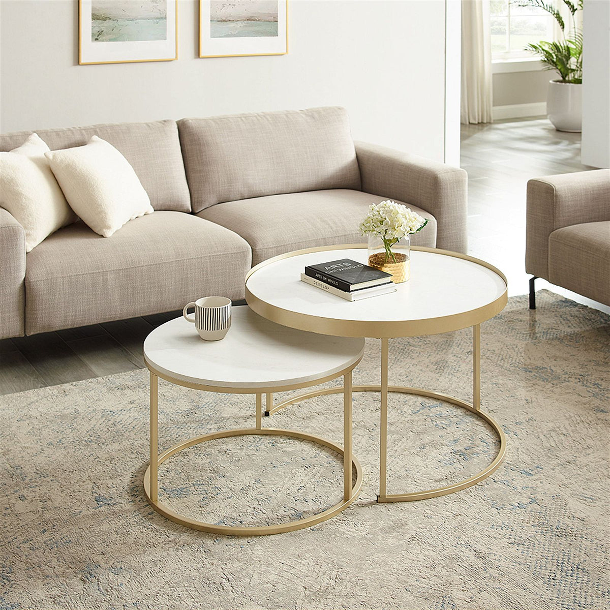 Nested Coffee Table White Marble Finish with Champagne Metal Frame by ...