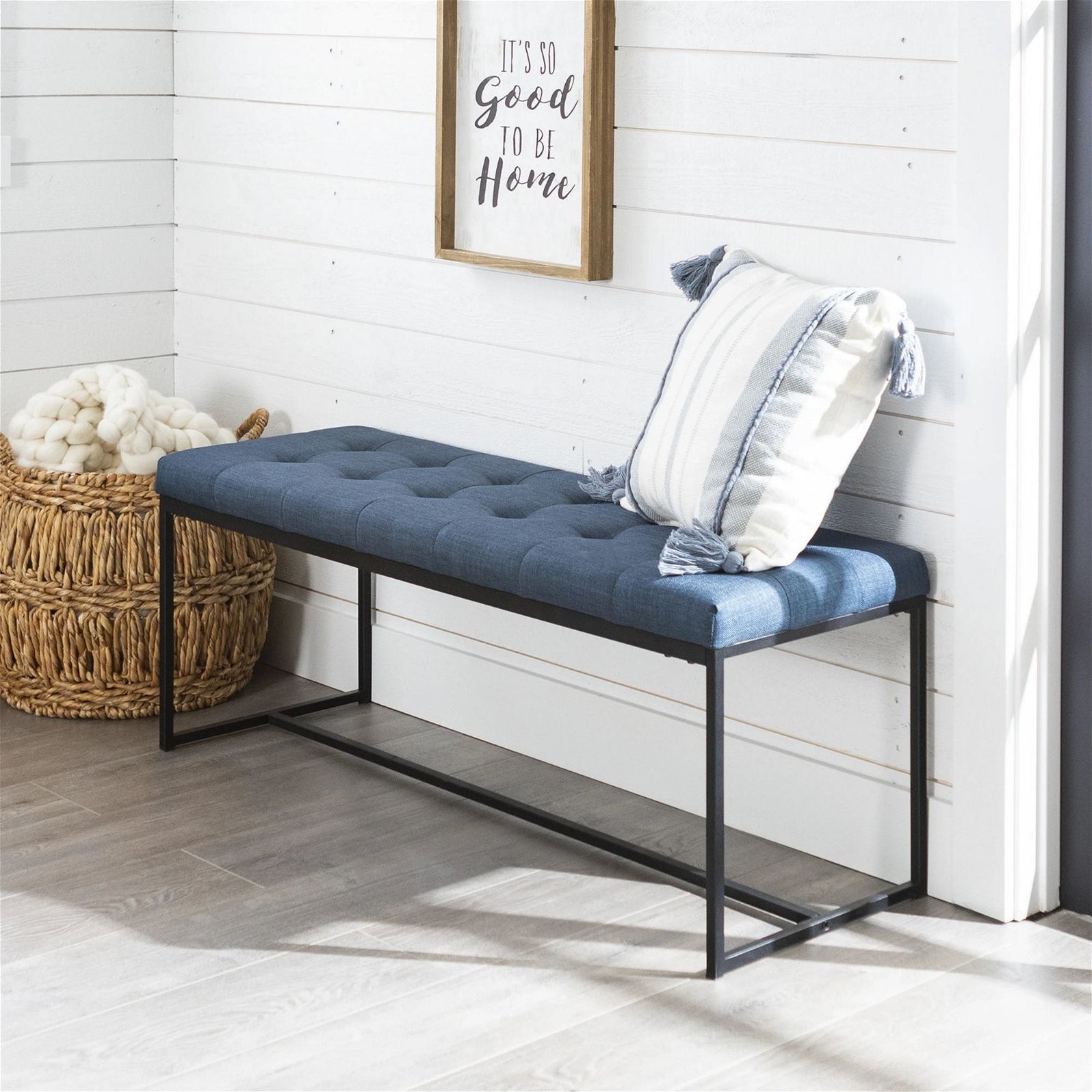 Relax Bench Seat in Blue Fabric with Black Metal Frame by Woodstock ...